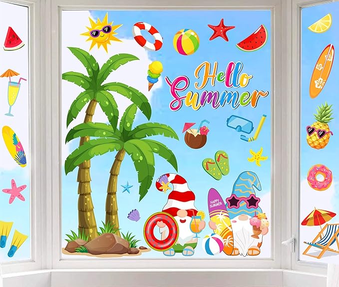 Amazon.com: Whaline 6 Sheet Summer Window Clings Large Palm Tree Window ...