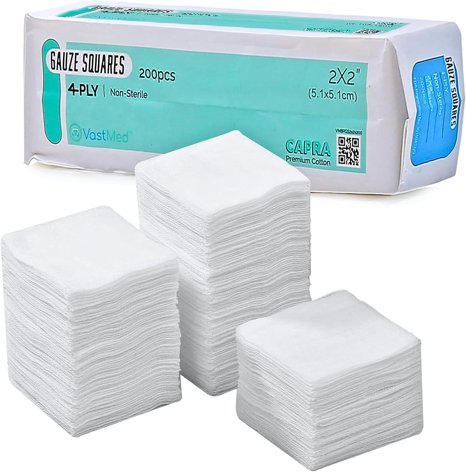 Amazon.com: 200 Pcs Capra Cotton Gauze Pads 4-Ply 2x2 by VASTMED ...