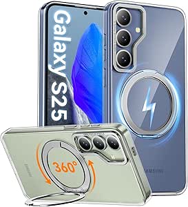 Oterkin 360° Rotatable Magnetic Stand Case for Samsung Galaxy S25, Clear, [Magsafe Compatible ...