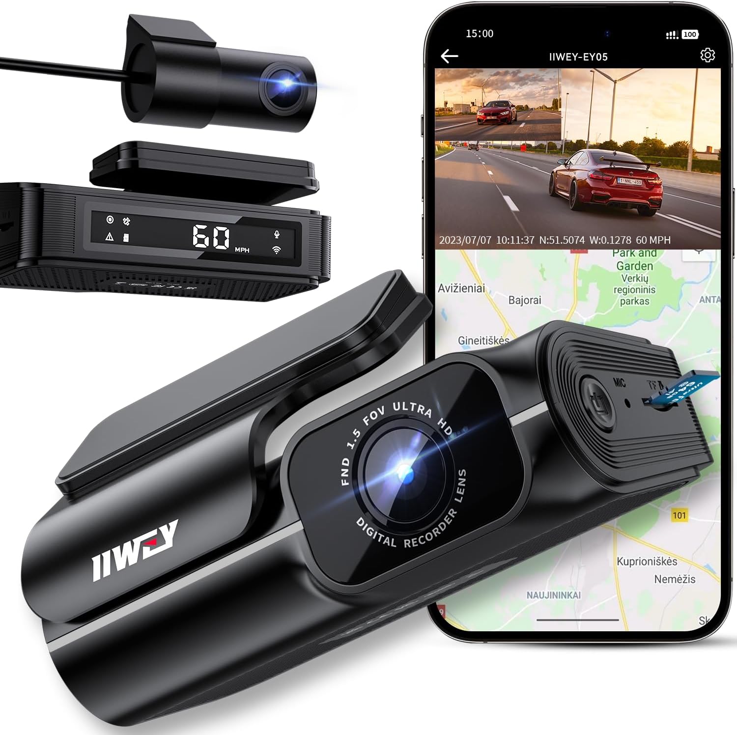 IIWEY EY05 4K Dash Cam Front and Rear, Built-in 5GHz WiFi GPS Speed, Voice Control, Free 64GB SD ...