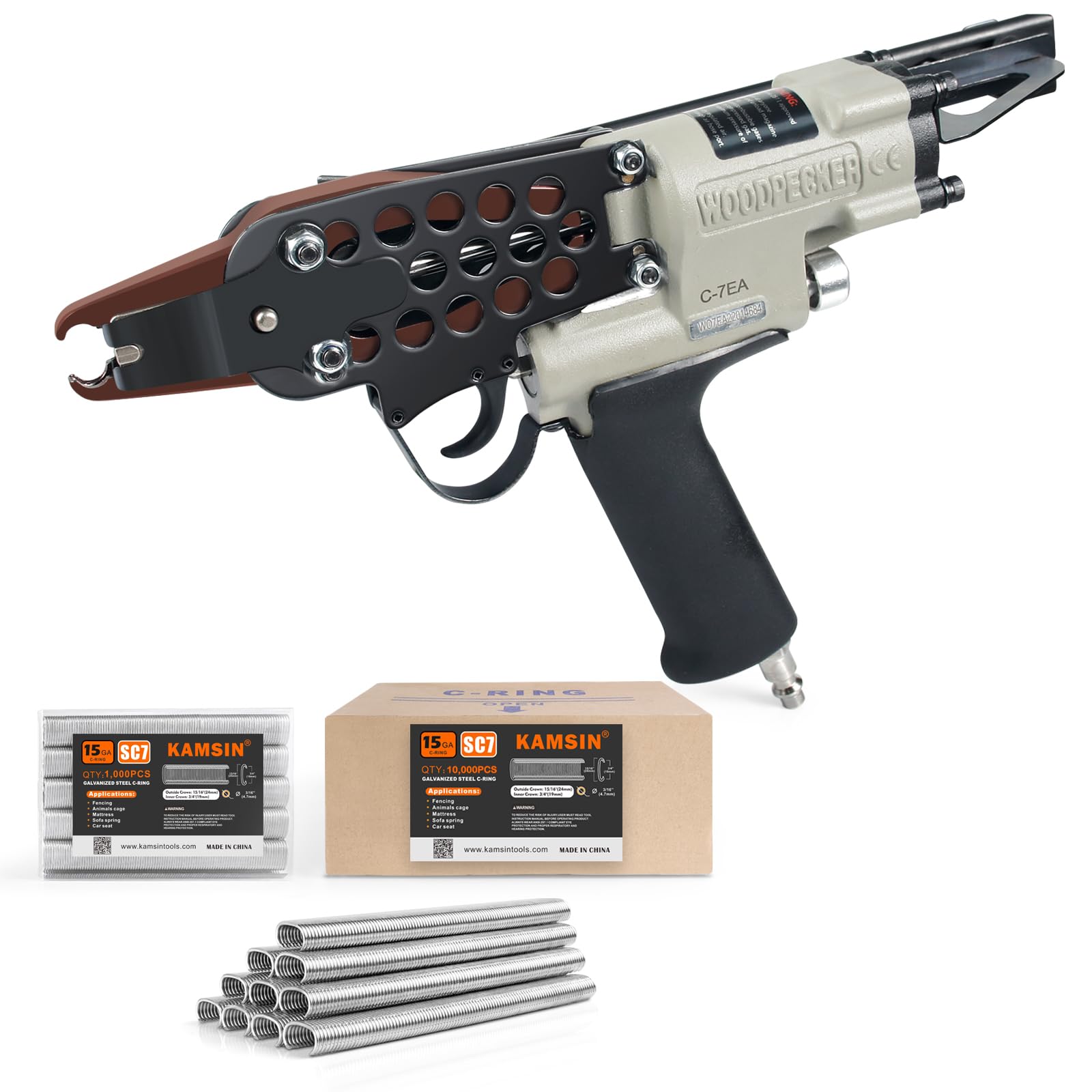 Woodpecker C-7EA 15 Gauge Pneumatic C Ring Gun Kit Bundle with 10000pcs ...
