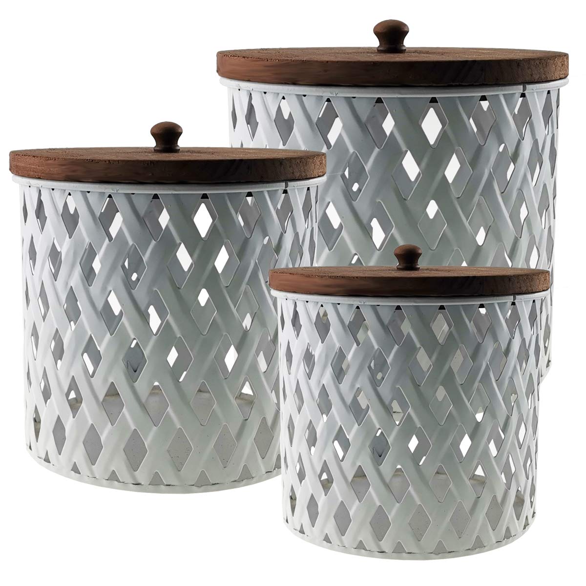 HuiDao Metal Storage Cans with Wood Lids, Hollowed Out Design Round ...