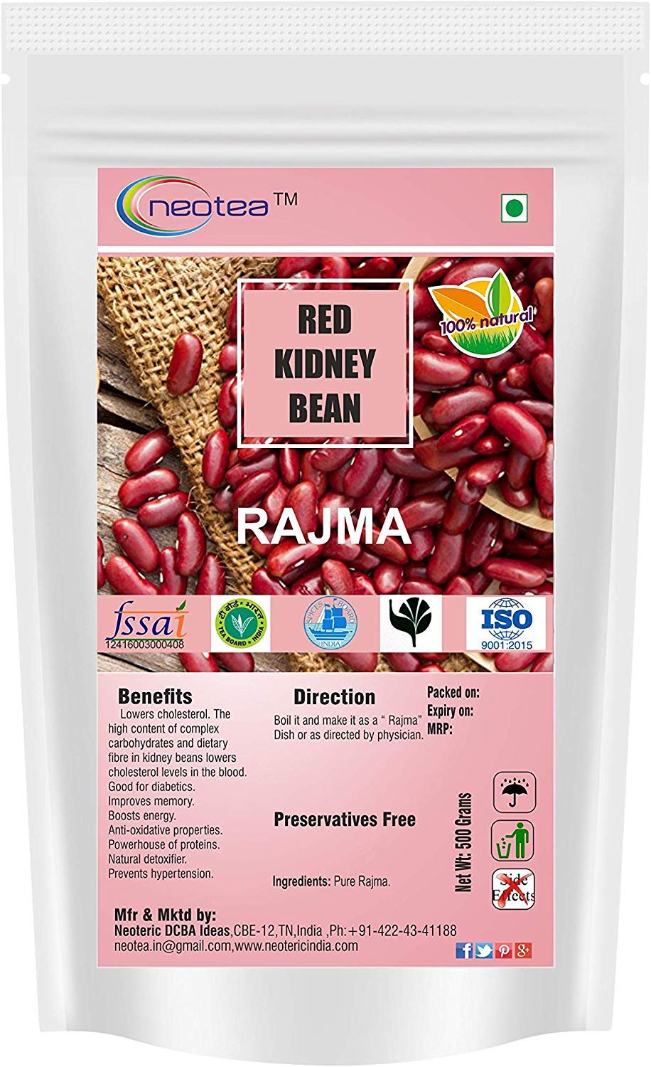 Neotea Rajma Red Kidney Beans 500g (Karamani/Bakla/Phaseolus Vulgaris ...