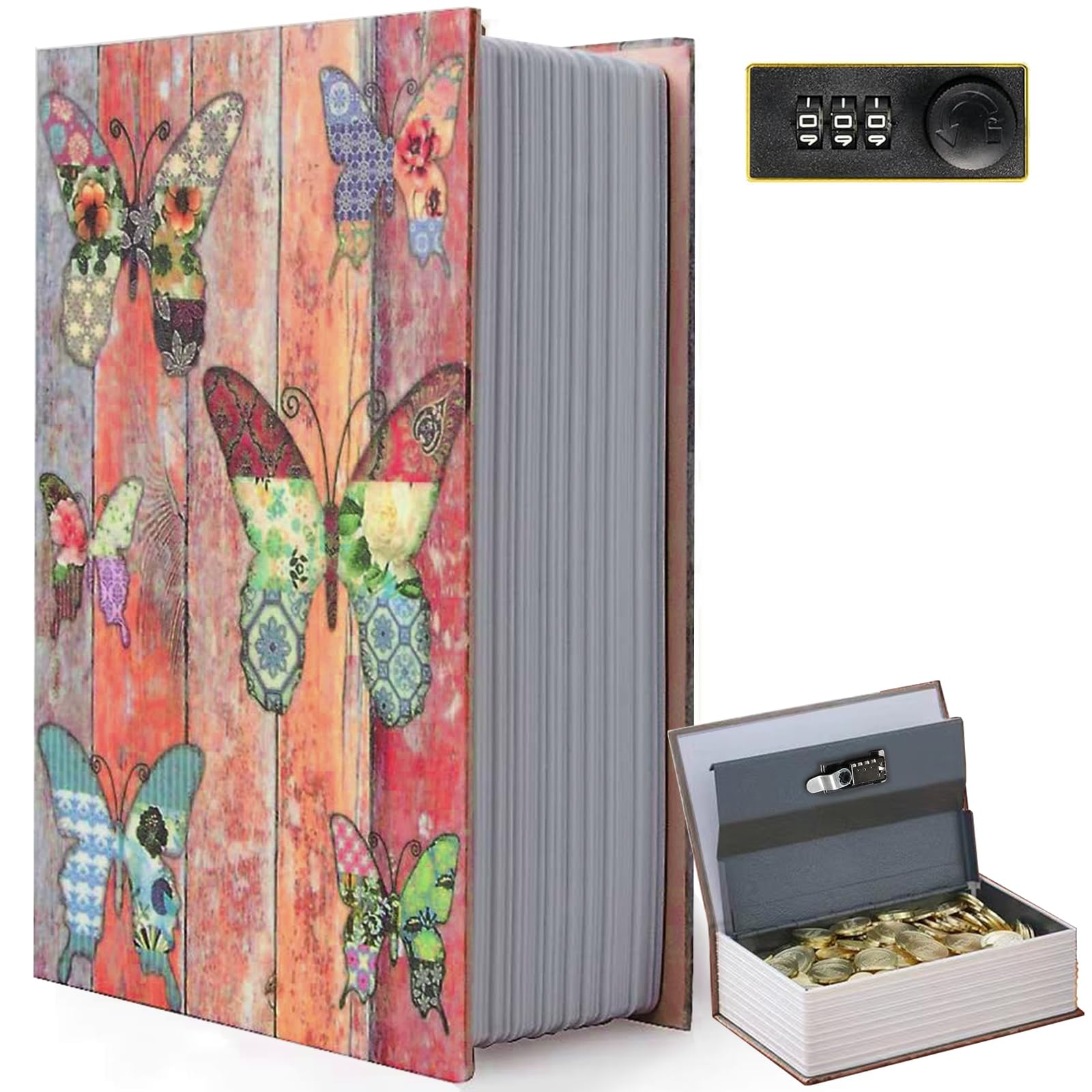 Butterfly Book Safe Box with Combination Lock, Vintage Faux Book Hidden ...