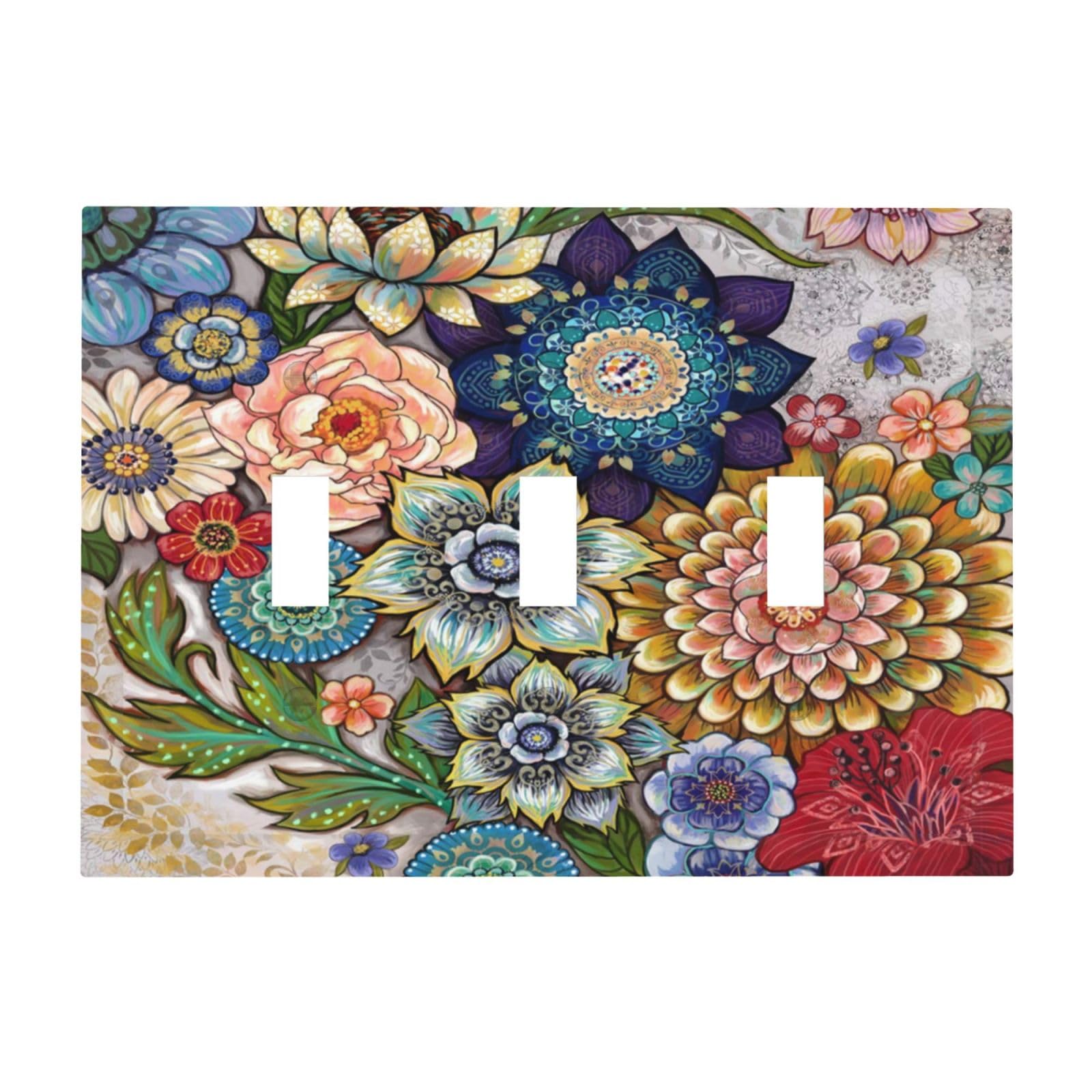 Boho Floral Bright 3 Gang Triple Toggle Wall Plate Decorative Switch ...