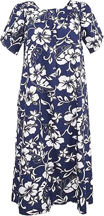 Aloha Outlet - Classic Hibiscus Pareo Navy Cotton Hawaiian Tulip Sleeve ...