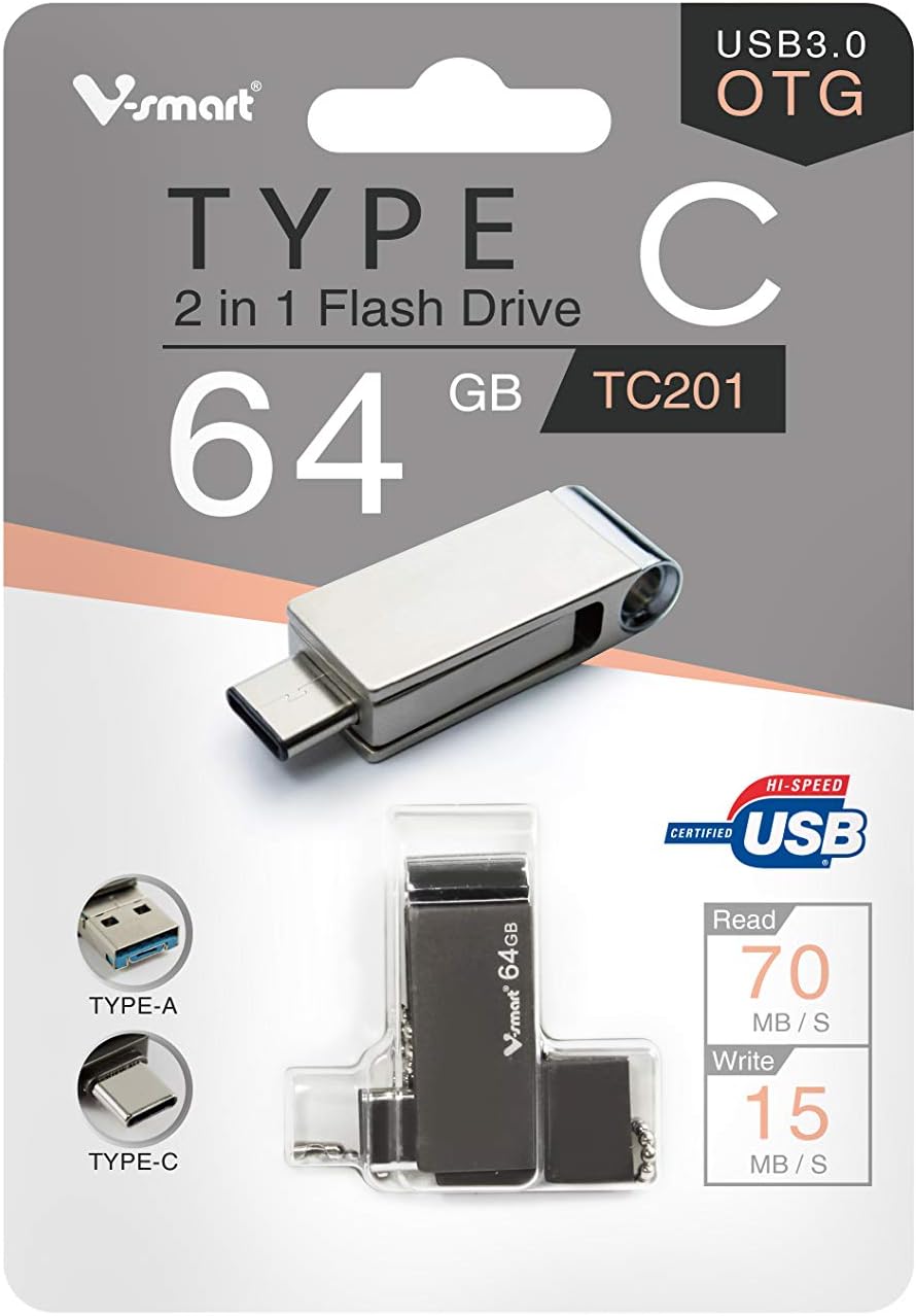 Amazon.com: V-Smart TC201 2 in 1 Type C OTG Flash Drive 64GB (USB3.0 ...