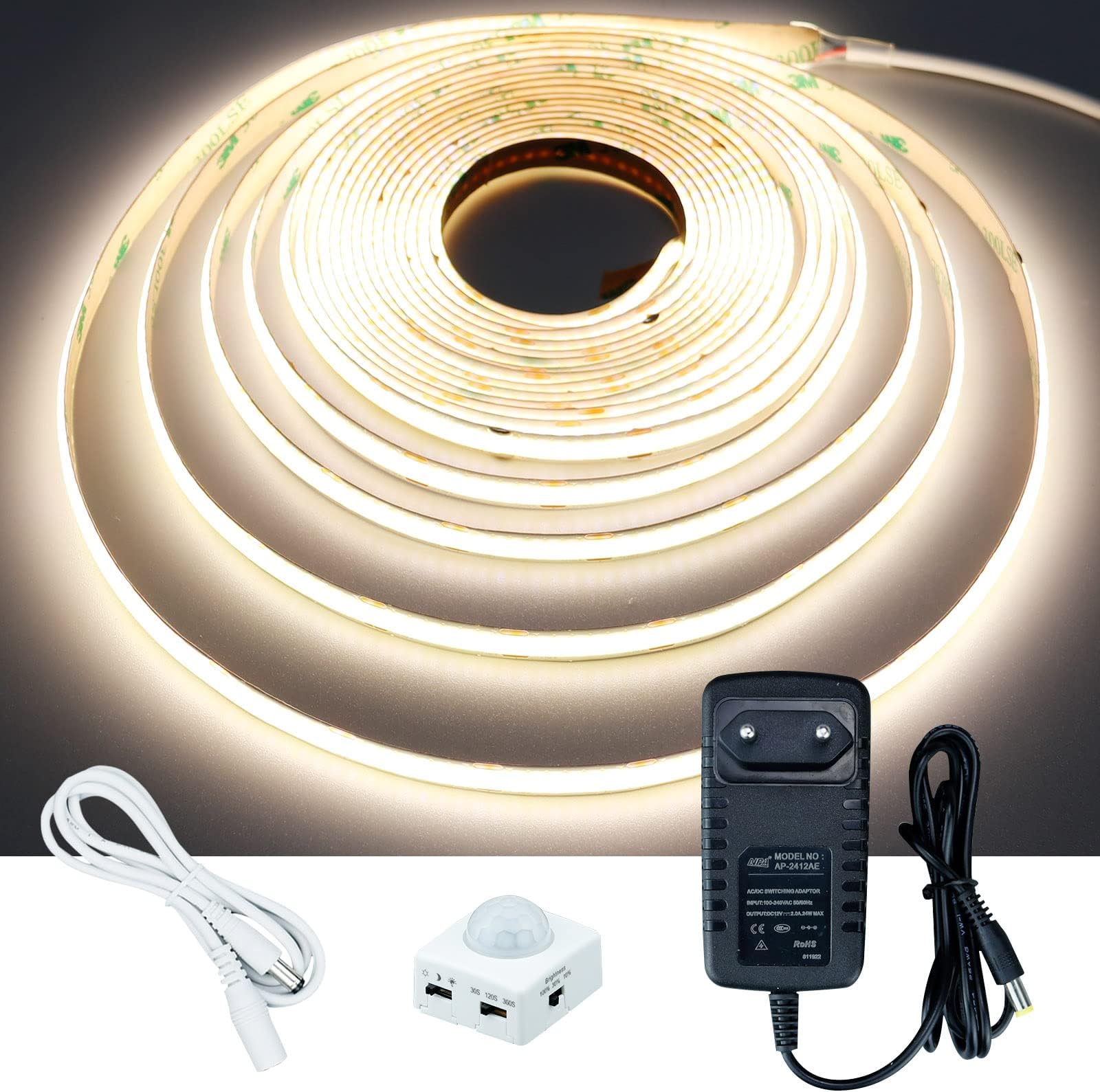 GOMING COB LED Strip mit Bewegungsmelder Netzteil Natürliches Weiß ...