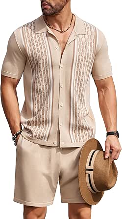 Amazon.com: COOFANDY Men's 2 Piece Outfit Vintage Short Sleeve Button Down Knit Polo Shirts ...
