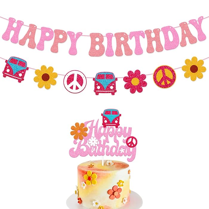 Buy Levvcirki Groovy Happy Birthday Banner Hippie Bday Cake Topper Boho ...