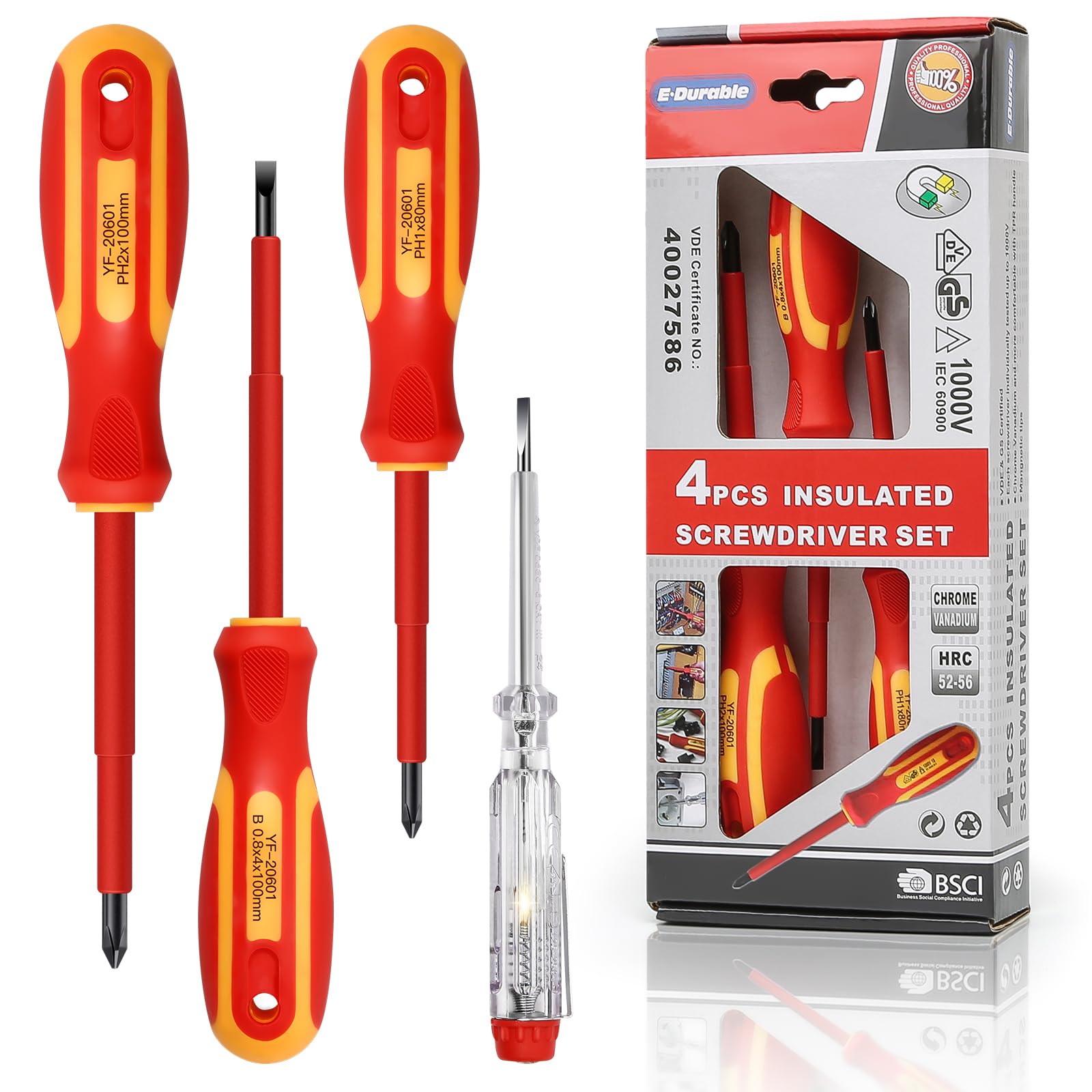 E·Durable 4pcs VDE Screwdriver Set, Magnetic Insulated Screwdriver Set ...