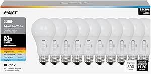 Feit Electric A19 LED Light Bulb, 60W Equiv, Non-Dimmable, Selectable ...
