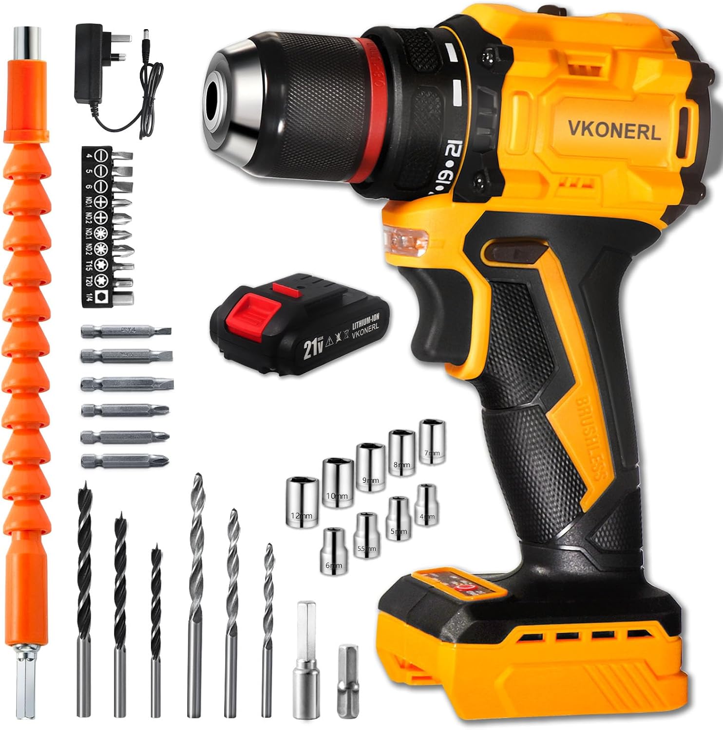 Cordless Drill Set 21V, VKONERL Electric Power Drill Kit with 21 * 1 ...