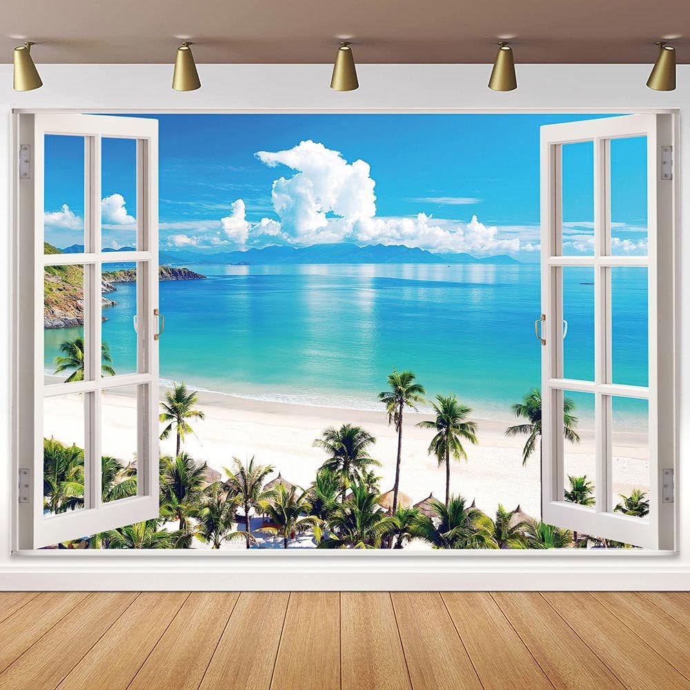 Amazon.com : Summer Beach Window Backdrop, Hawaii Tropical Island Palm ...