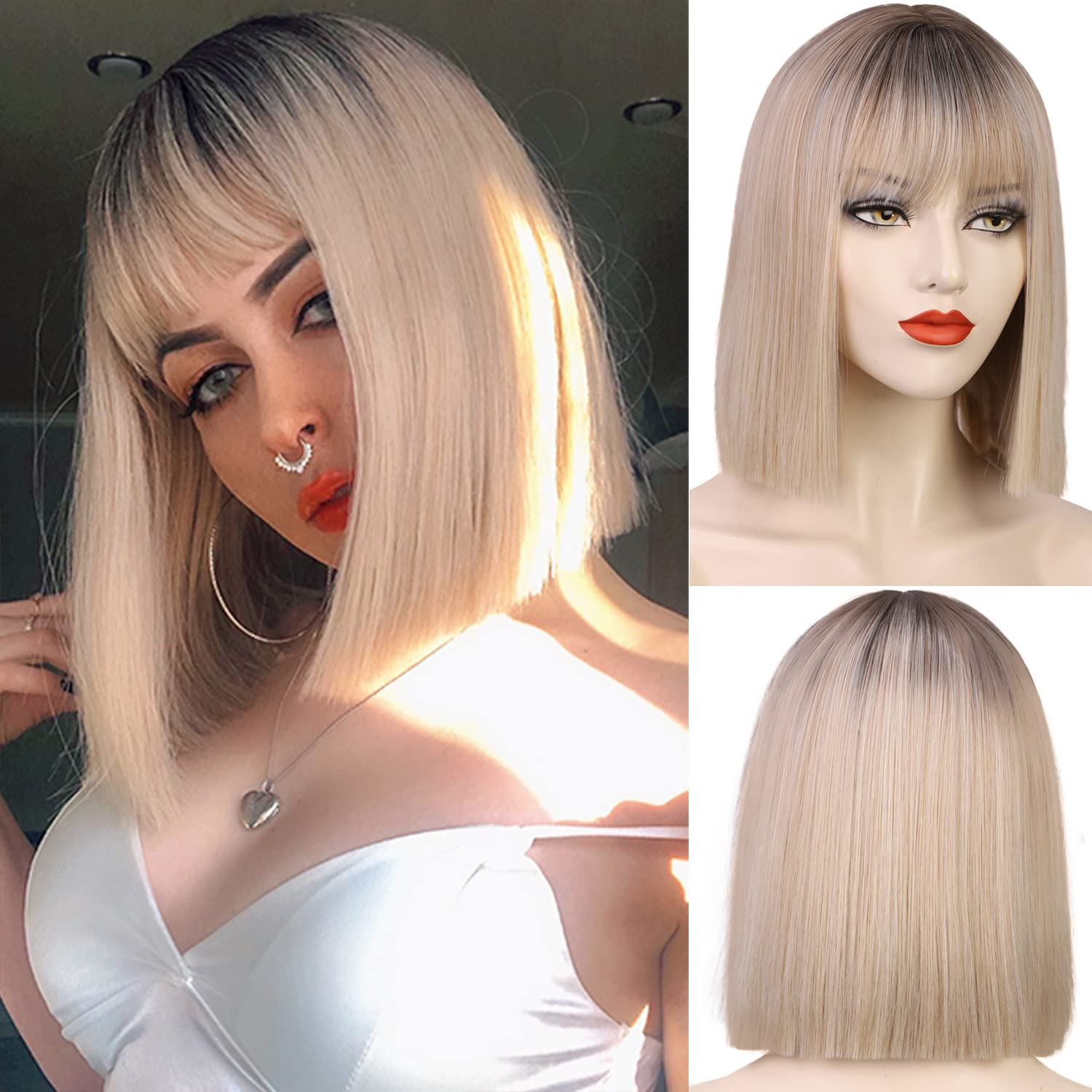 Perücke Blond mit Pony Kurz für Damen/Mädchen Gerade ombre Blonde Bob Synthetische Tägliche ...