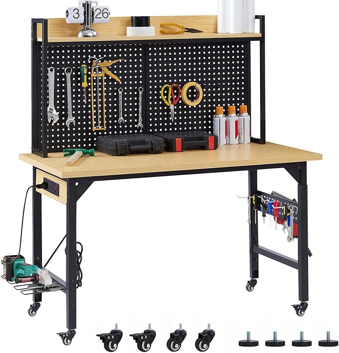 Tatub 48inch Adjustable Workbench with Wheels and Large Pegboard, Work ...