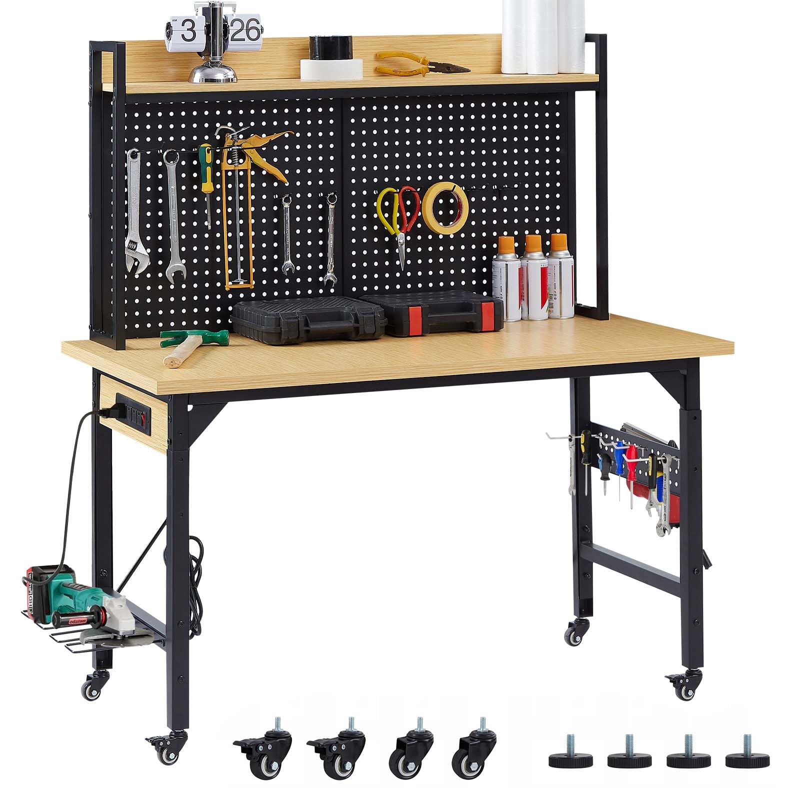 Tatub 48inch Adjustable Workbench with Wheels and Large Pegboard, Work ...