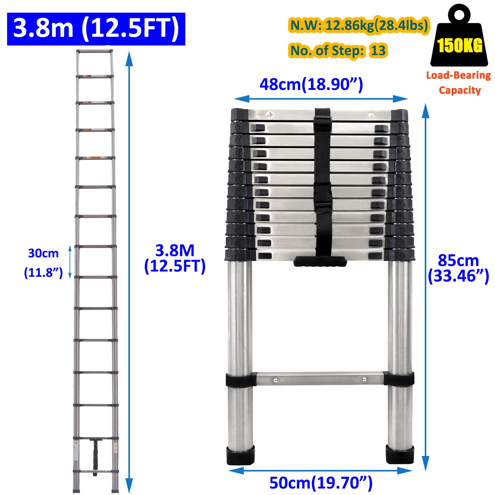 Compact Attic Ladder 12FT Telescoping Aluminum Ladder - 330lbs Capacity ...