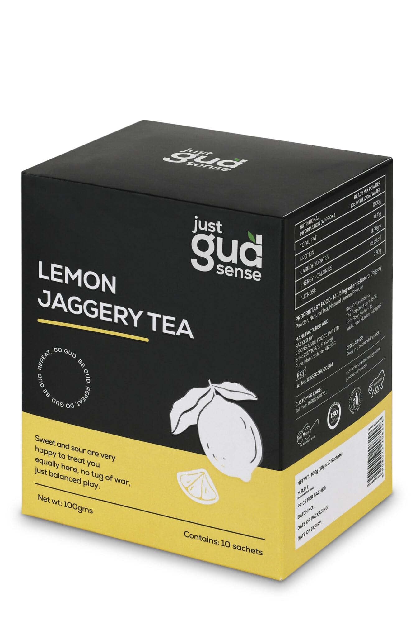 Just Gud Sense Lemon Jaggery Tea Premix, 100g (10 sachets of 10 Grams ...