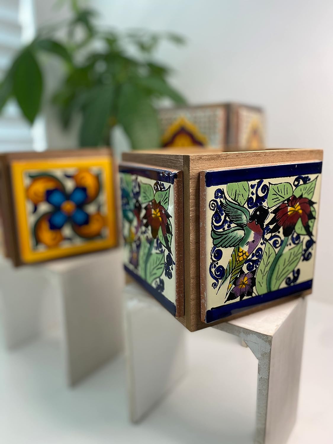 Amazon.com : Talavera Ceramic Tile Wood Planter Box Indoor Home Decor ...