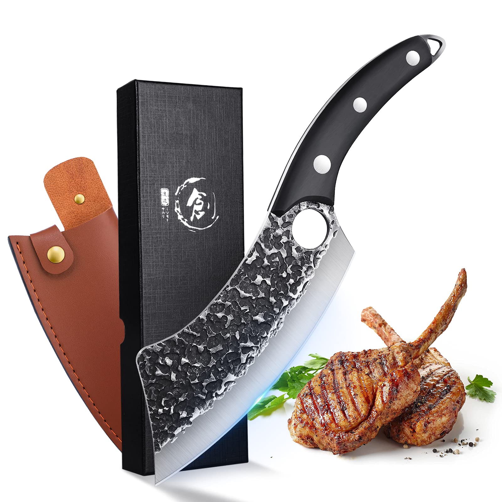 Buy Hand Forged er Meat Cleaver with Leather Sheath Outdoor Camping BBQ ...