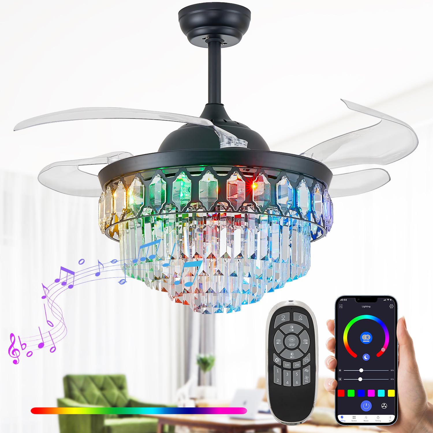 36" RGB Ceiling Fan with Light and Music Player,Bluetooth Retractable ...