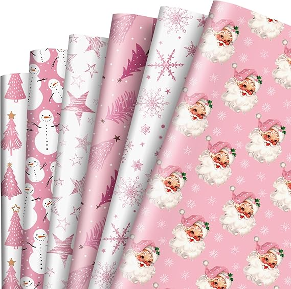 Amazon.com: AnyDesign 12 Sheet Pink Christmas Wrapping Paper Santa ...