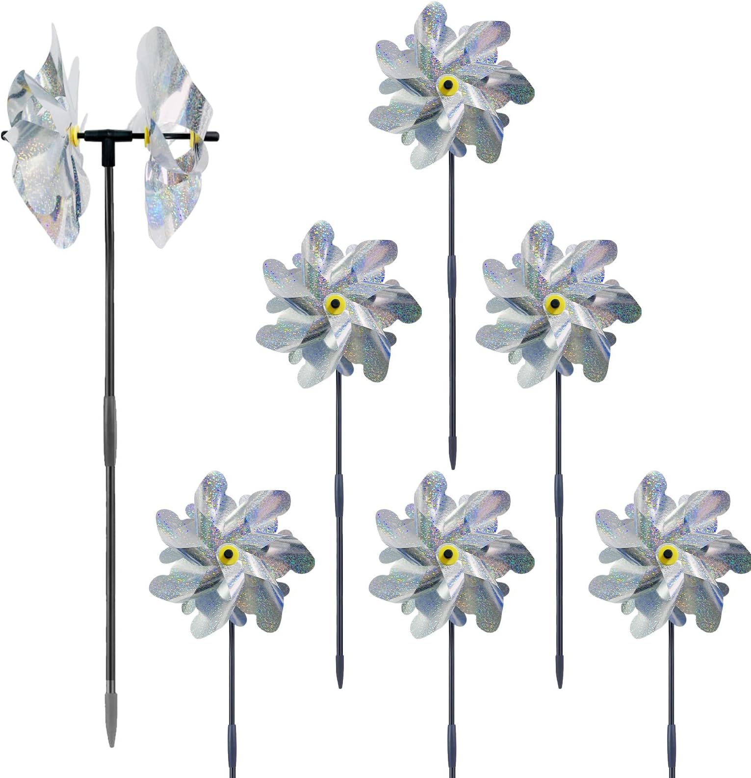 6 Pack 21 Inches Silver Reflective Dual Pinwheels with Stakes, Double ...