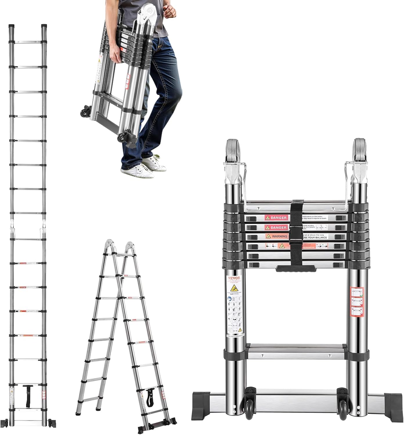 VEVOR 16.5ft Stainless Steel Telescoping A-Frame Extension Ladder ...