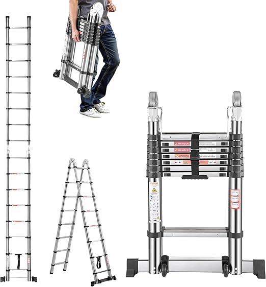 VEVOR 16.5ft Stainless Steel Telescoping A-Frame Extension Ladder ...