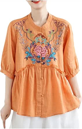 Fashion Womens Peplum Tops Summer Half Sleeve Floral Embroidered Cotton ...