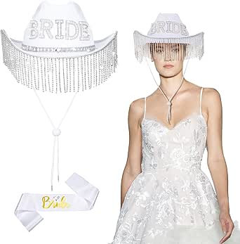 Patelai Bride Cowgirl Hat Rhinestone White Bride Cowboy Hat with Sash ...