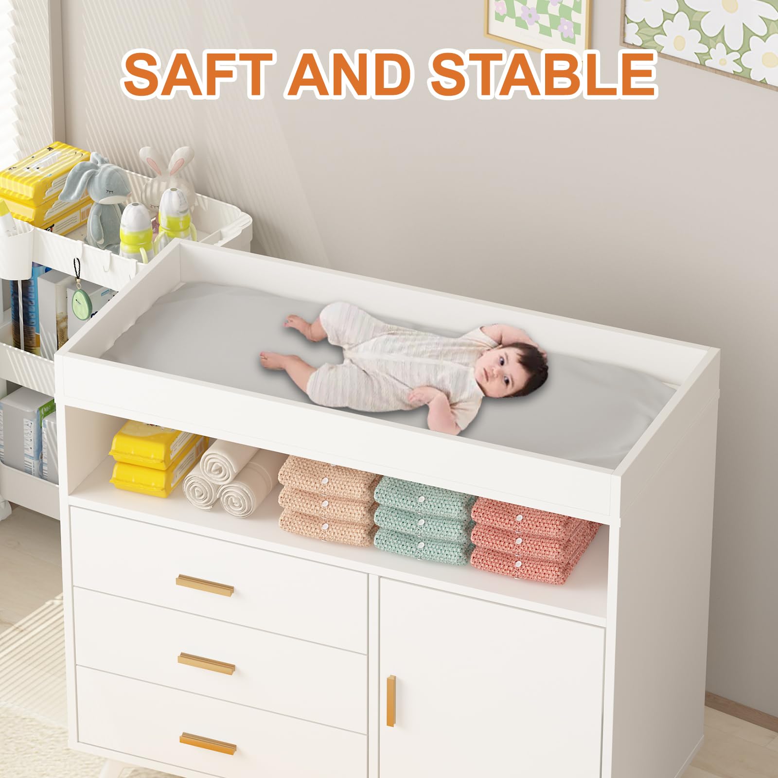 Baby Changing Table Dresser with 3 Drawers, Nursery Dresser Chest with ...