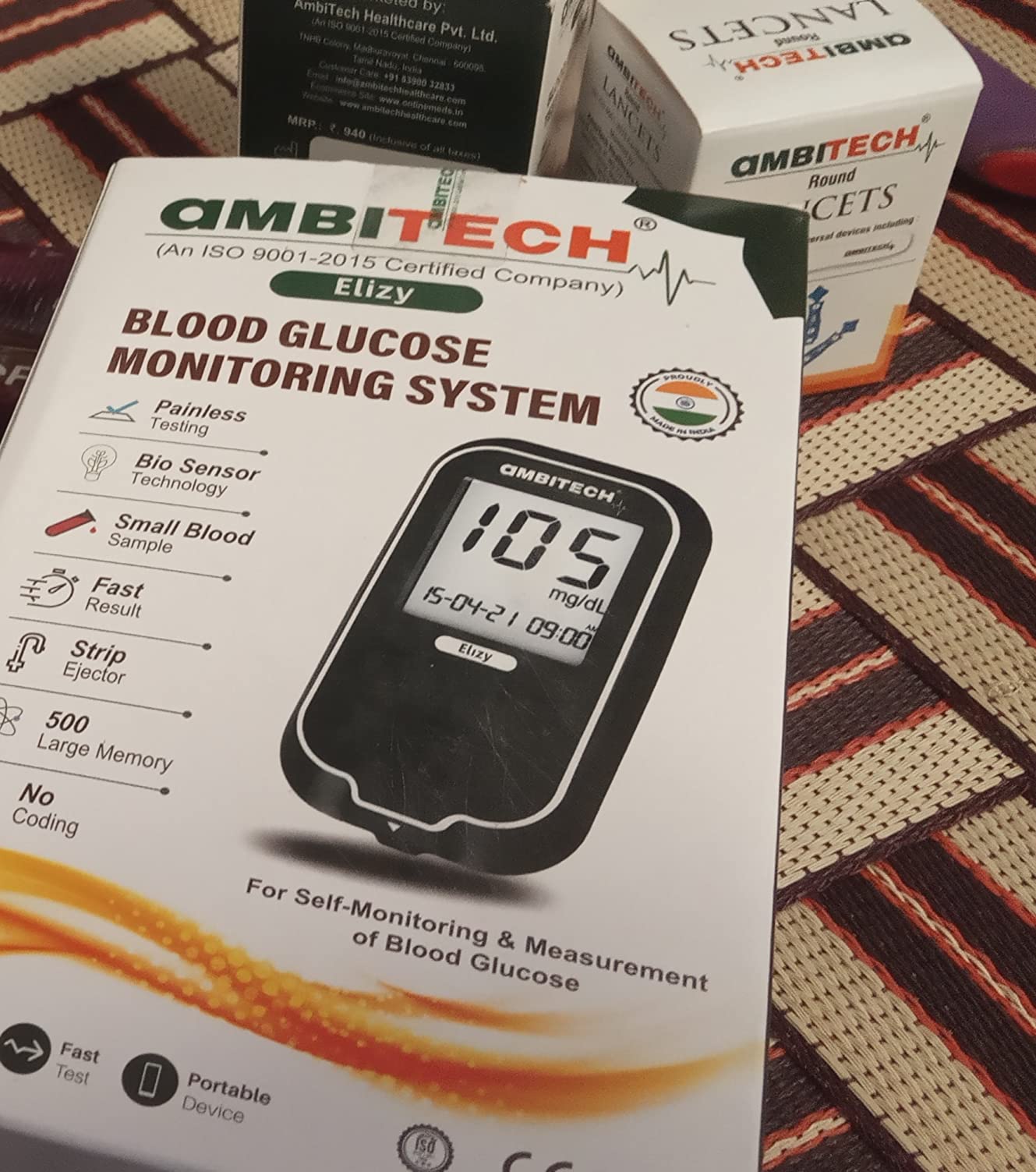 AmbiTech Elizy Blood Glucose Meter Kit with 50 strips and 50 lancets ...