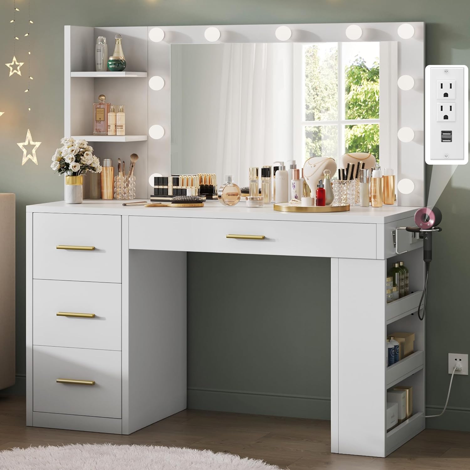 Amazon.com: DWVO Makeup Vanity Desk with Mirror & Lights Bulbs, Vanity ...