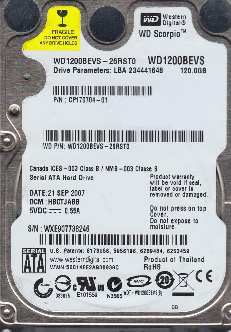 Amazon.com: WD1200BEVS-26RST0, DCM HBCTJABB, Western Digital 120GB SATA ...