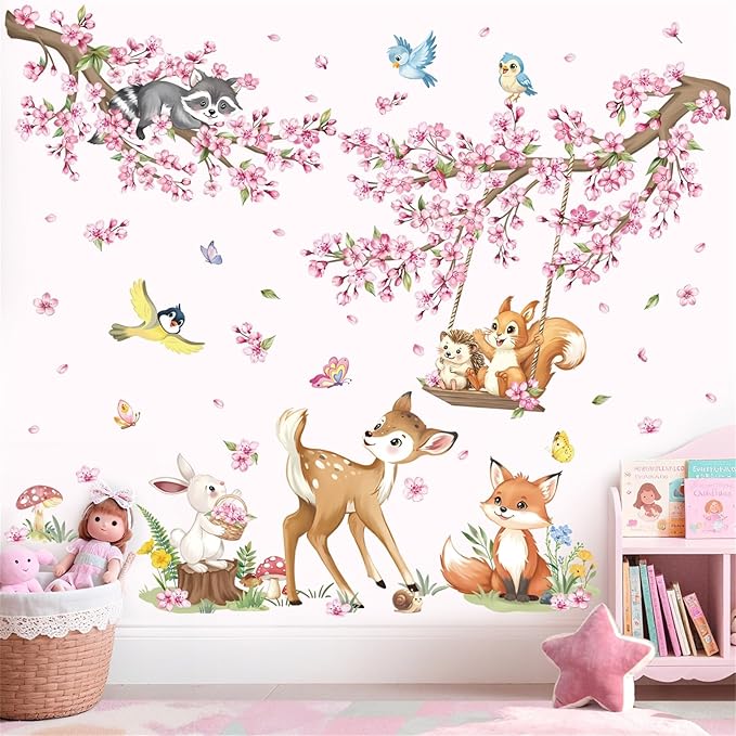 Amazon.com: decalmile Woodland Animals Pink Flower Wall Stickers Cherry ...