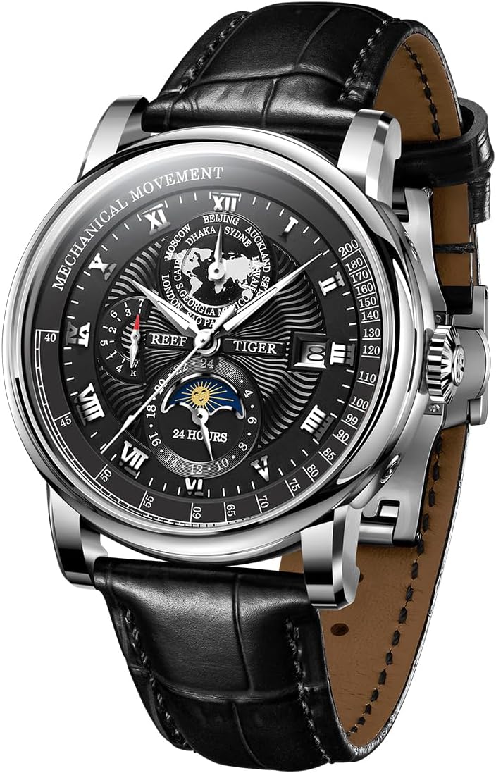 REEF TIGER Brand Moonphase Leather Automatic Watch Mens Complete ...
