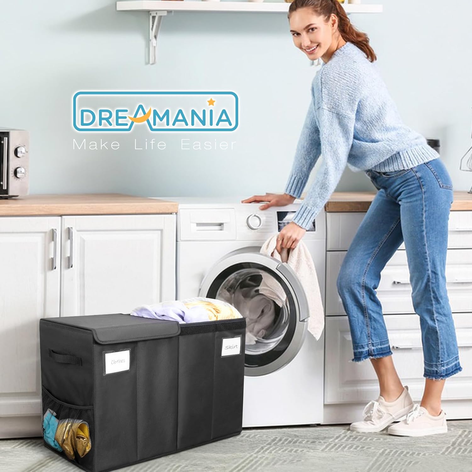 DREAMANIA Cesta doble para la ropa sucia con tapa y asas, cesta de ...
