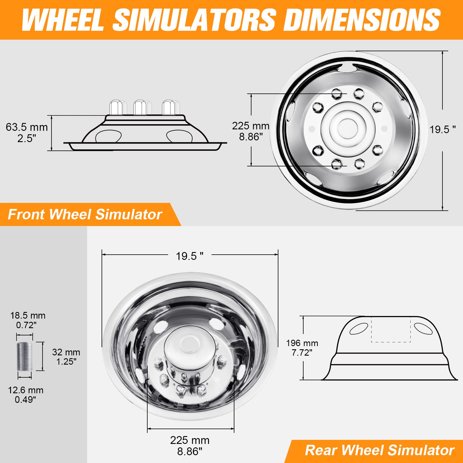 VMBQRTI 19.5" 10 Lug Stainless Steel Wheel Simulators Hubcap Kit Set of ...