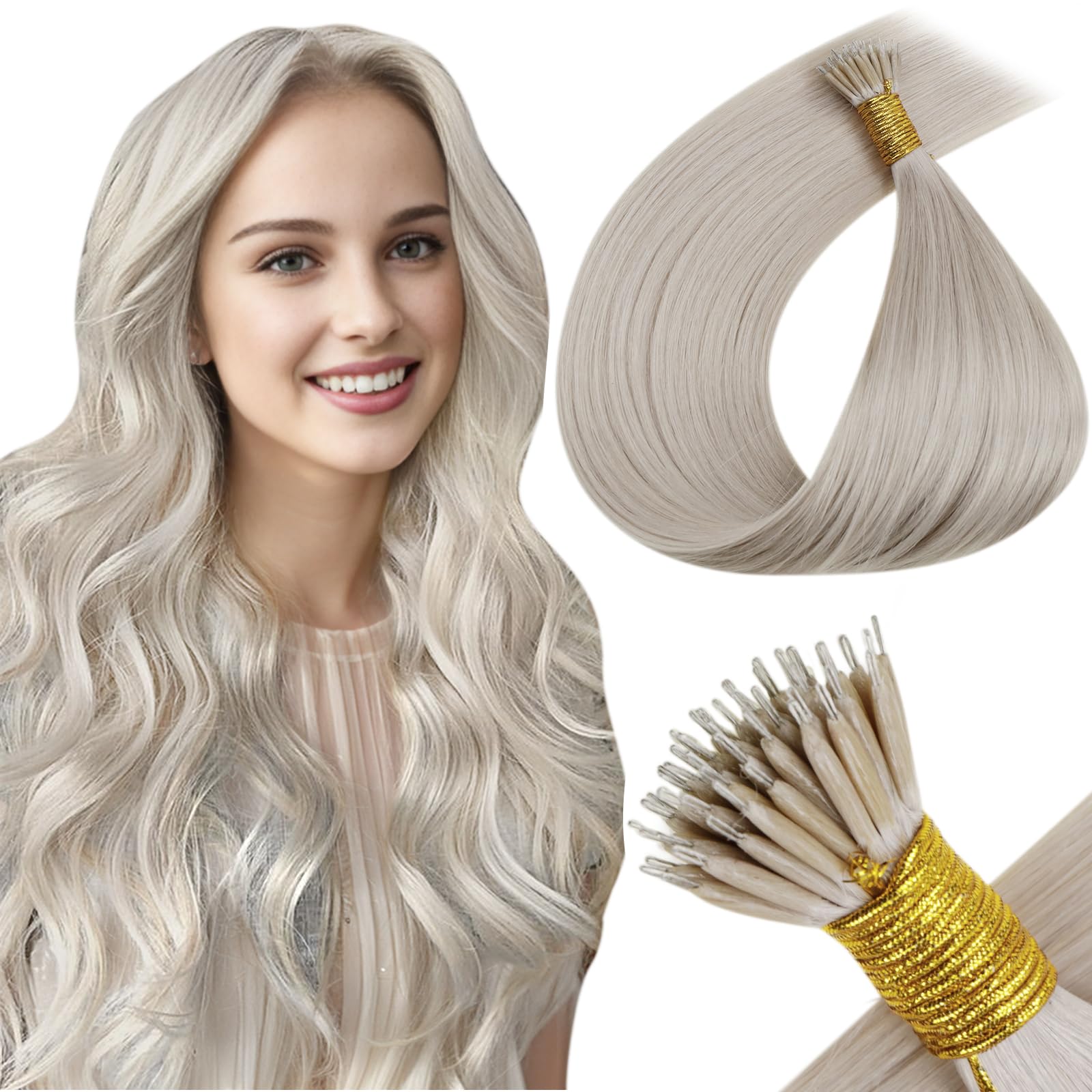 LaaVoo Nano Ring Hair Extensions Real Human Hair Platinum Blonde Hair ...
