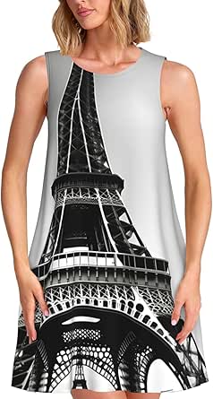 Black Paris Eiffel Tower Print Summer Dresses for Women, Casual ...