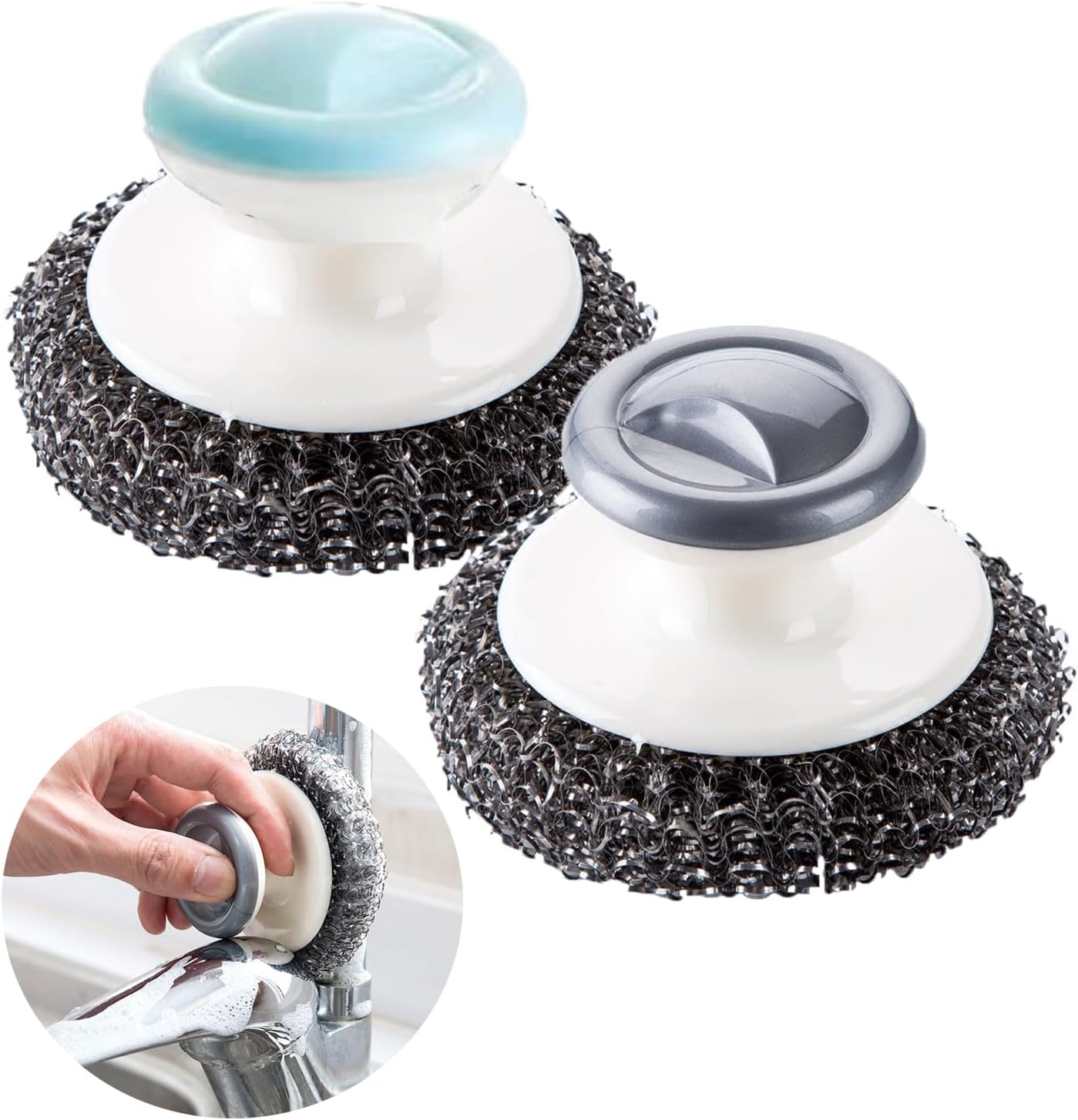 2Pcs Stainless Steel Wool Scrubber with Handle, Heavy Duty Dish ...