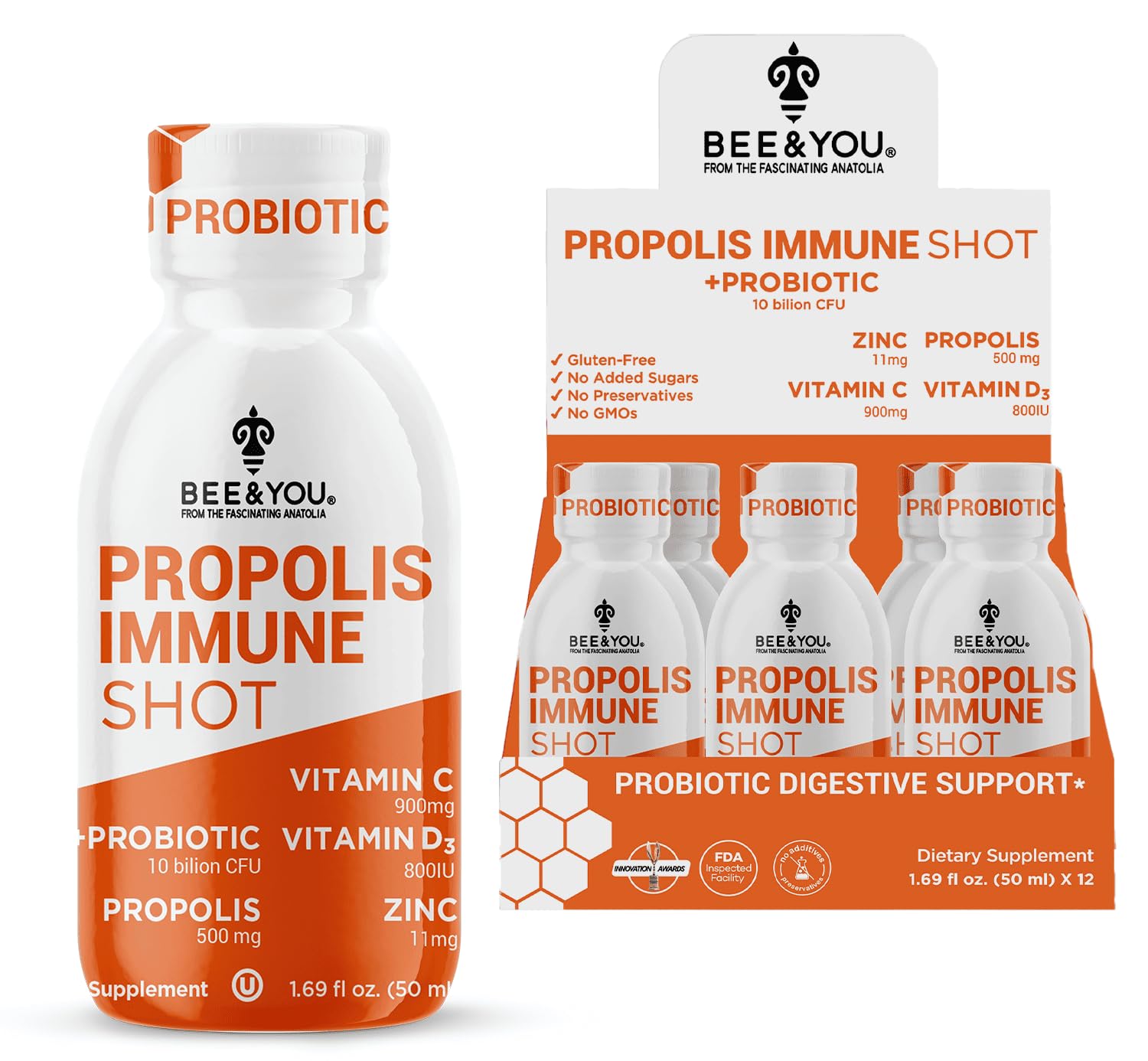 Amazon.com: Bee and You Propolis Immune Shot, Probiotic, Vitamin C ...