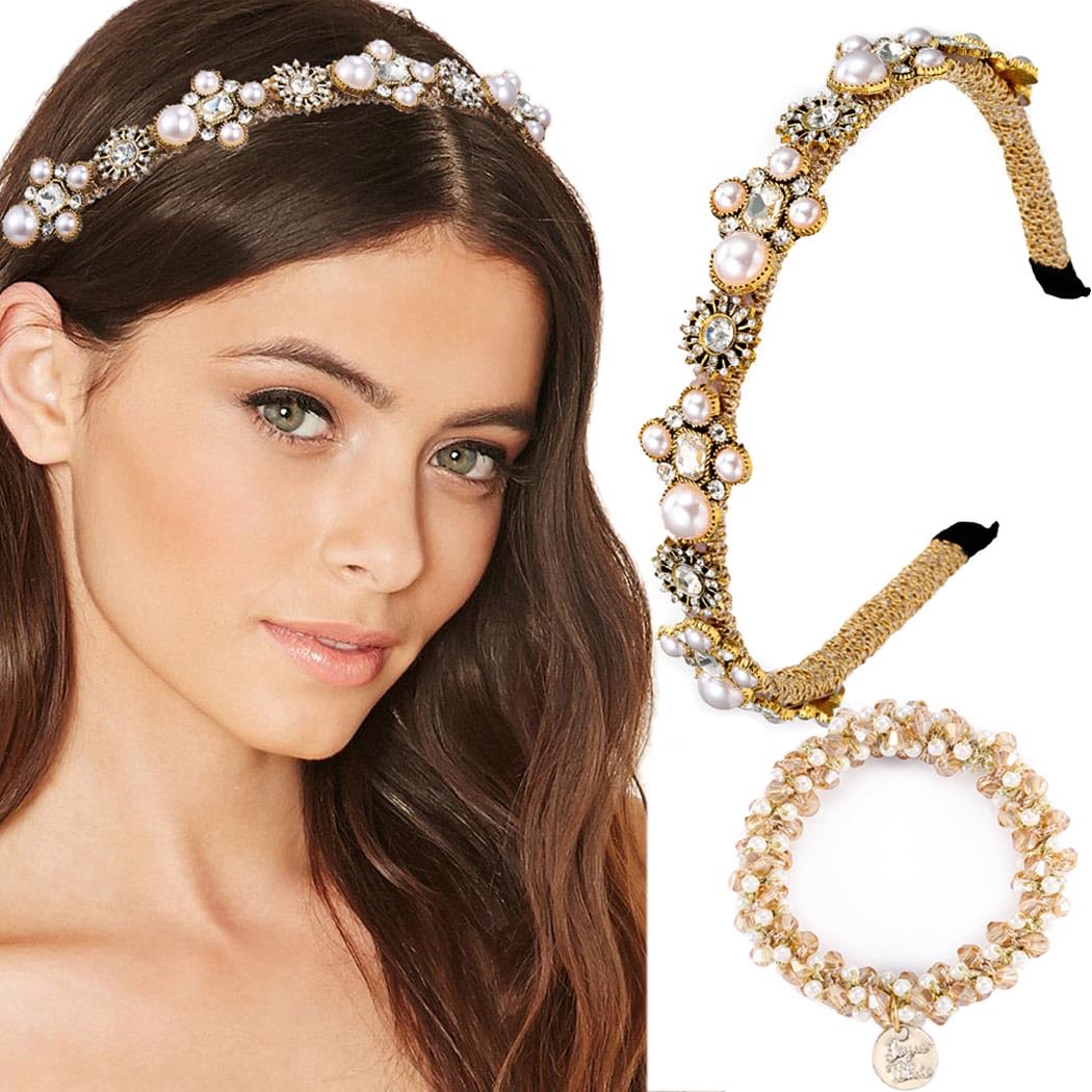 Amazon.com : Firuilo Gold Pearl Headband Baroque Rhinestones Hairband ...