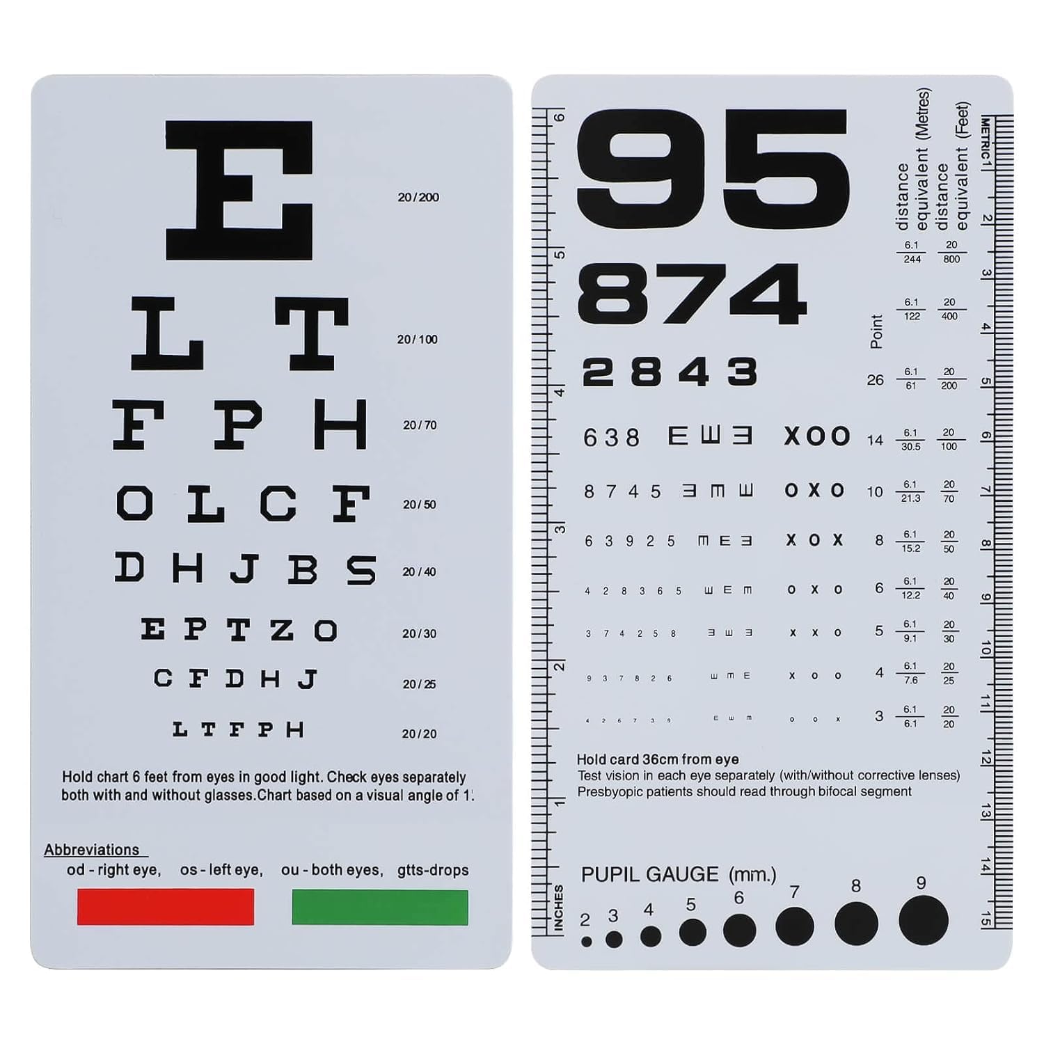 Pocket Eye Chart, 2 in 1 Snellen Eye Chart, Rosenbaum Pocket Eye Chart ...