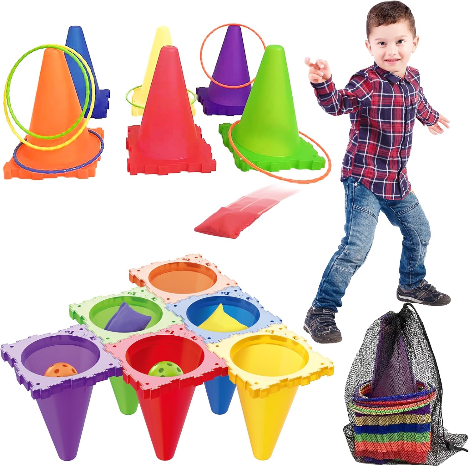 3 in 1 Carnival Games Set, Soft Plastic Cones Cornhole Bean Bag Ring ...
