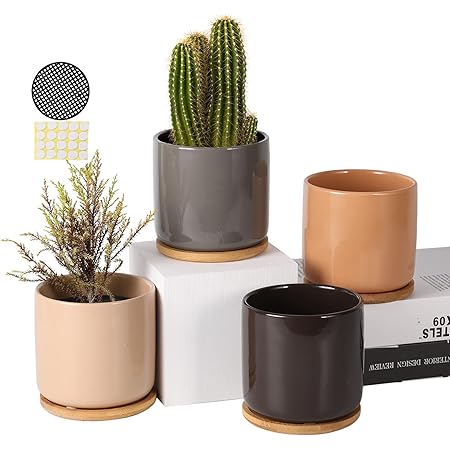 Amazon.com : AOMRYOM 4 Inch Ceramic Cylinder Plant Pots with Drainage ...