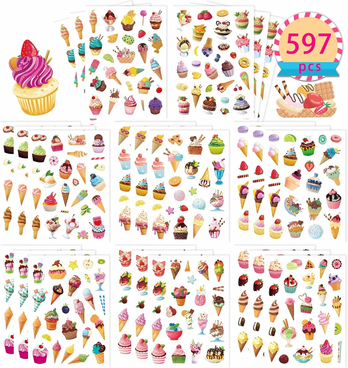 Amazon.com: 597PCS Kids Stickers, Ice Cream Stickers, Dessert Stickers ...