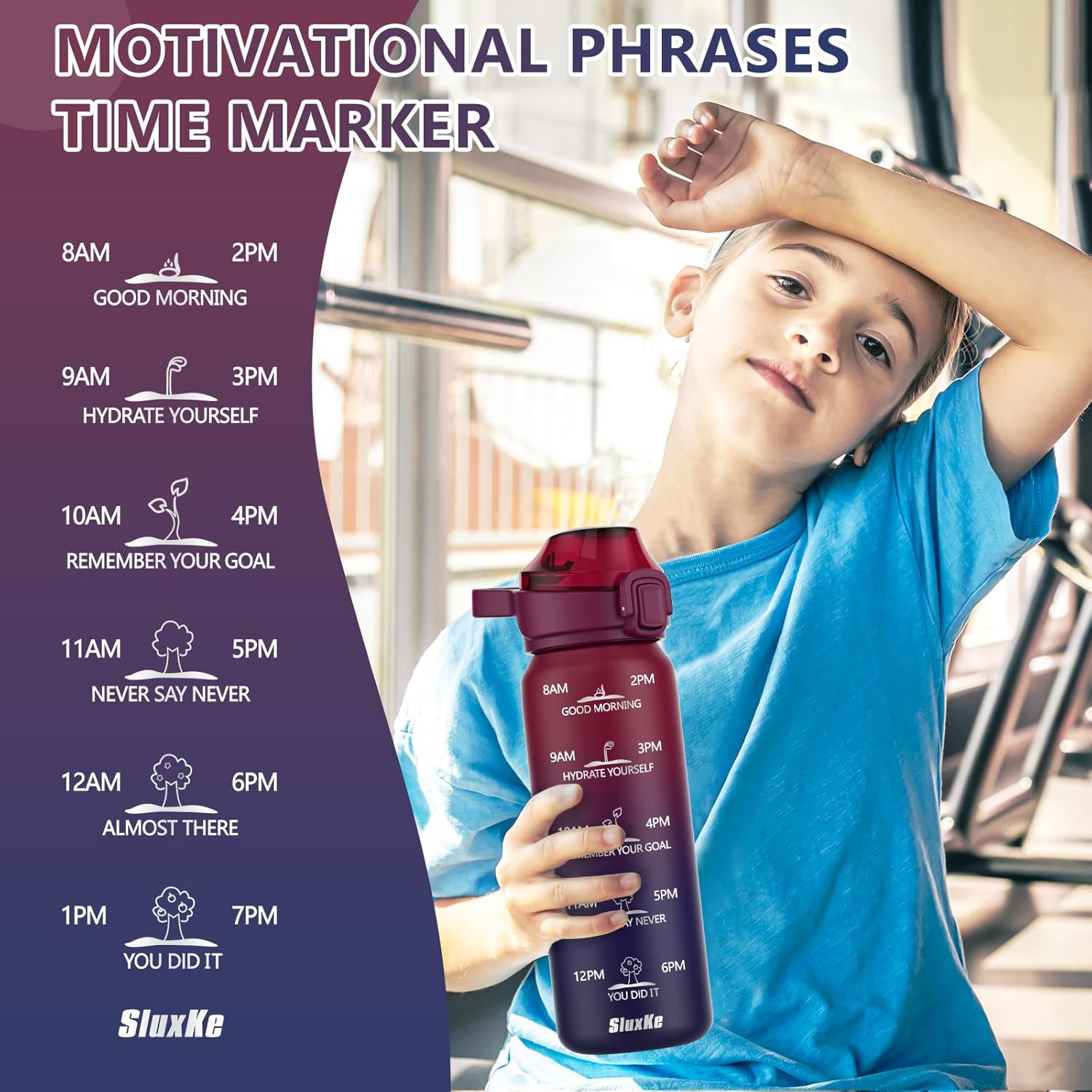 SLUXKE Botella de agua deportiva de acero inoxidable 316 de 32 onzas con marcador de tiempo ...